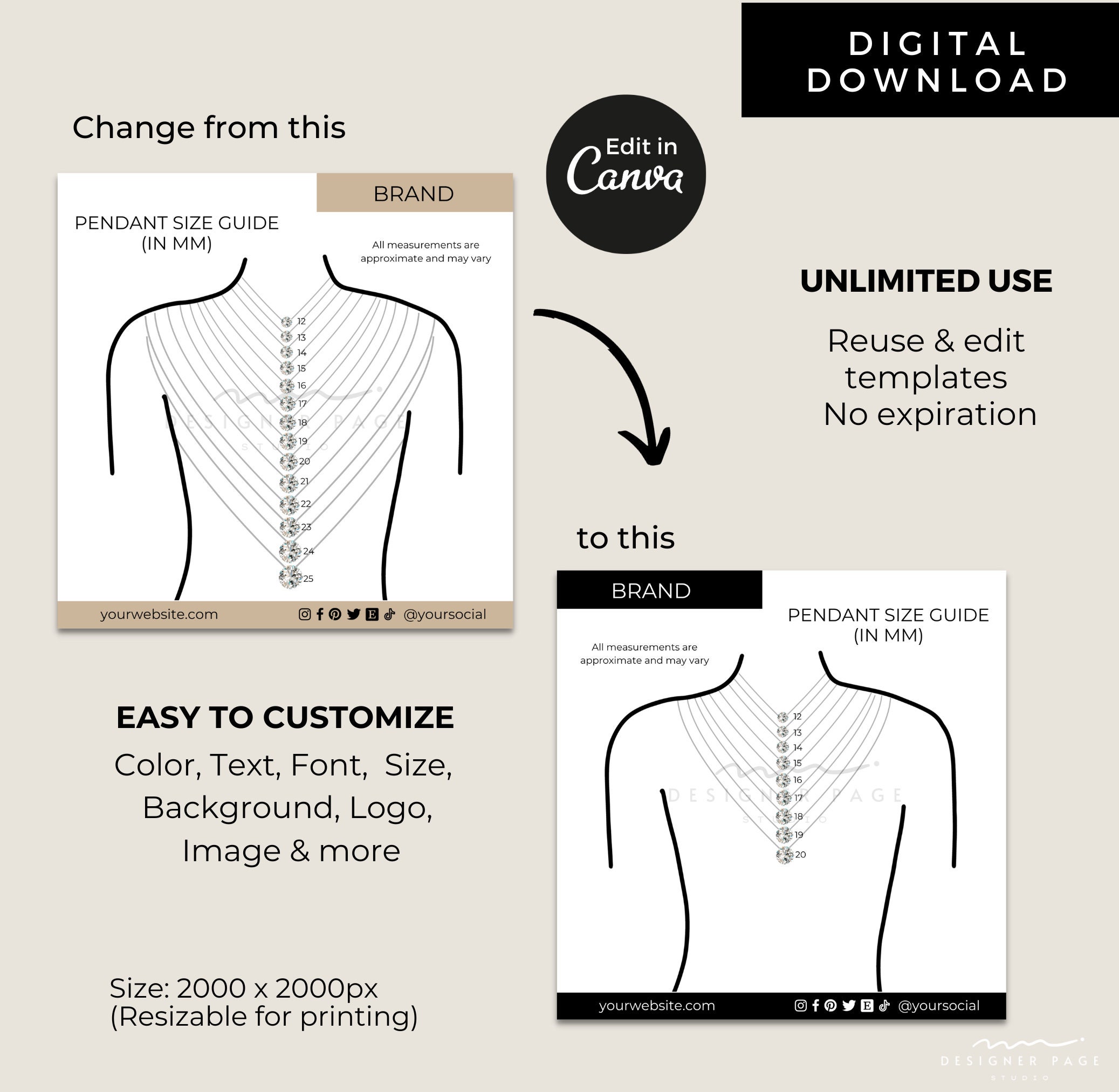 Necklace Pendant Size Chart Guide Template Editable, Round Diamond Size ...