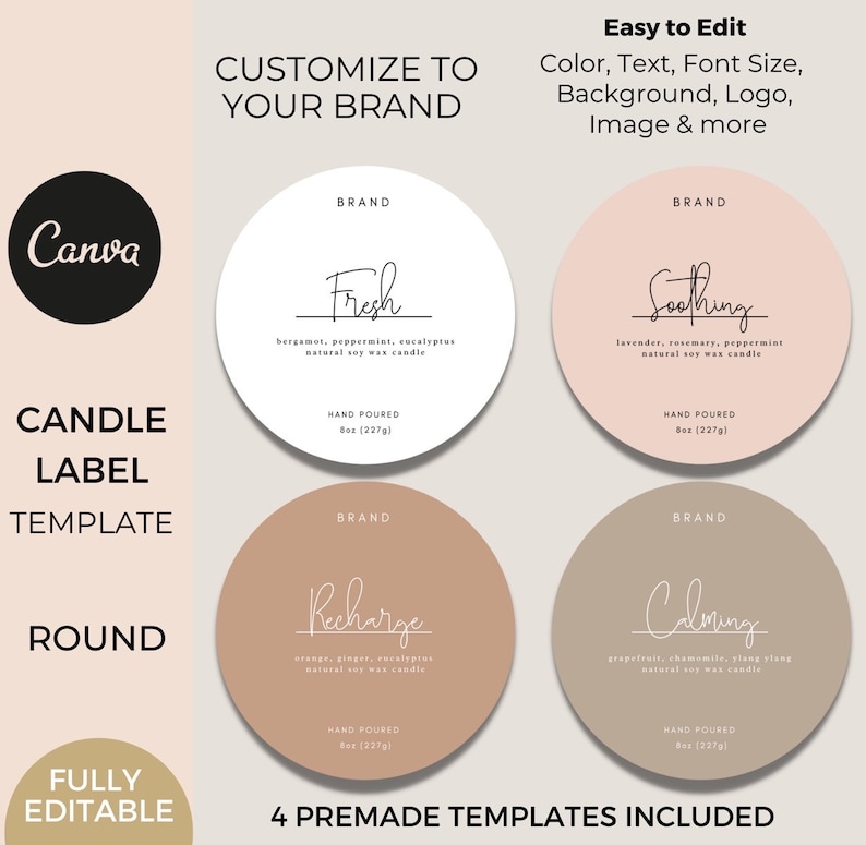 Candle Label Template Round Editable, Modern Candle Labels Stickers ...