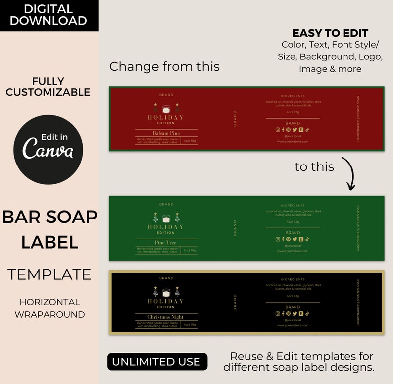 Christmas Soap Labels Template Editable Canva, Holiday Soap Labels ...