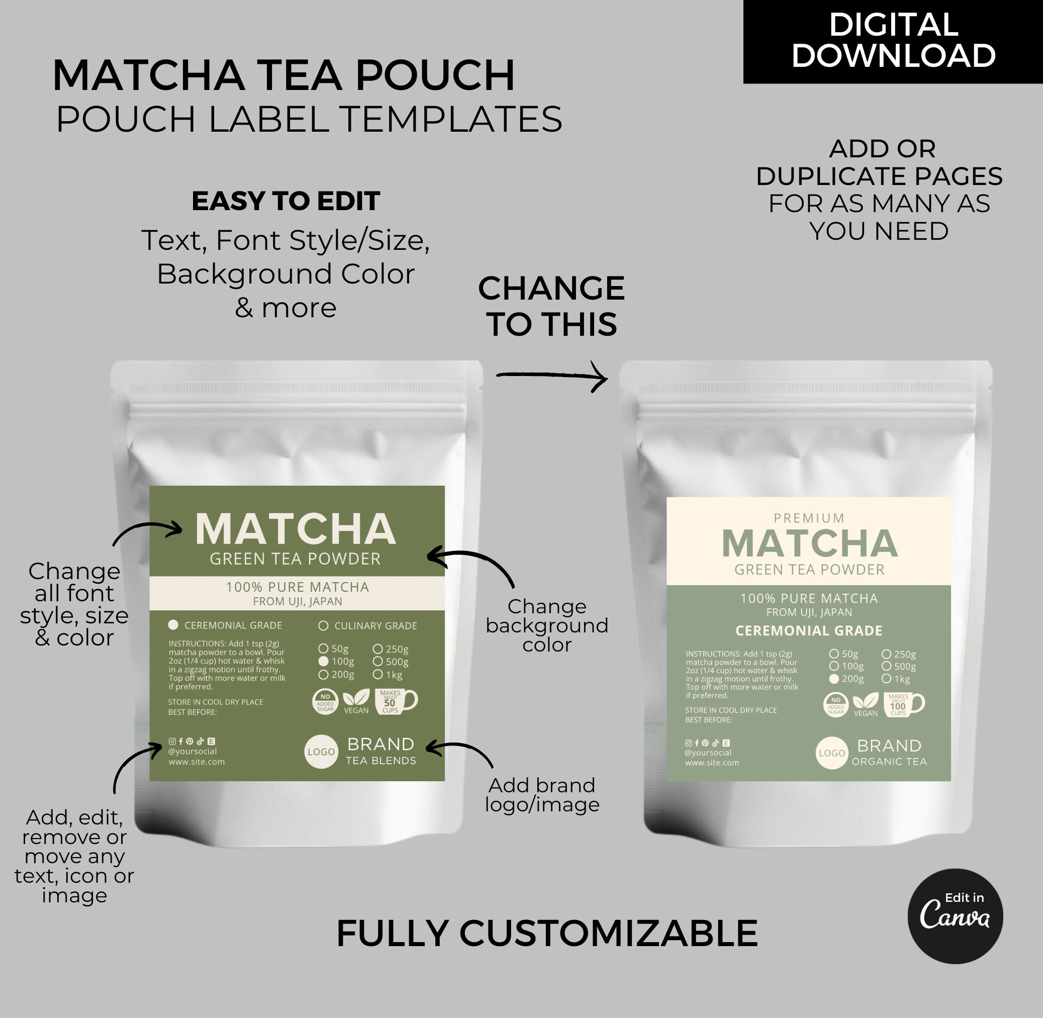 Matcha Tea Labels Template Editable Canva, Matcha Powder Tea Bag Label ...