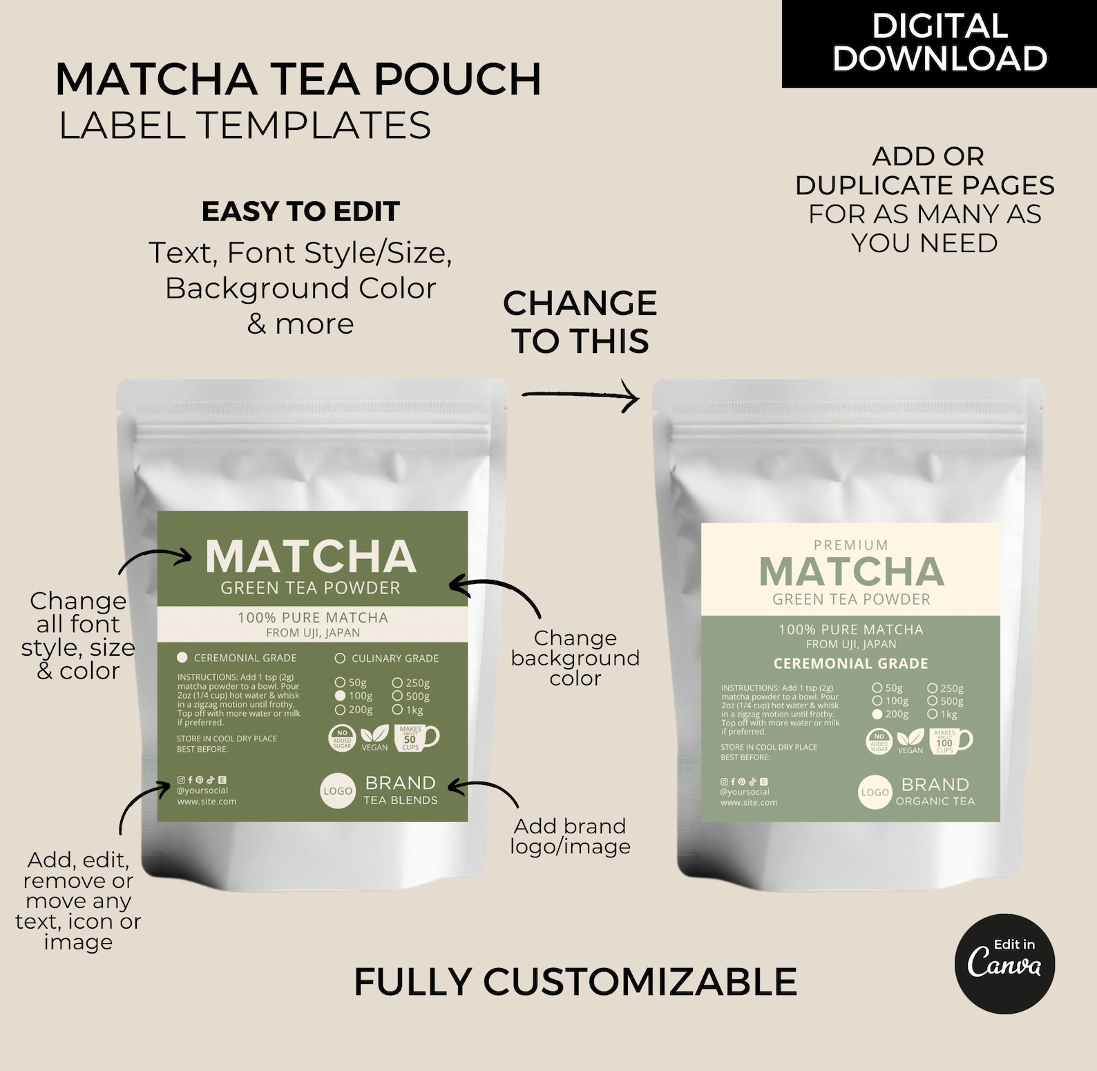 Matcha Tea Labels Template Editable Canva, Matcha Powder Tea Bag Label ...