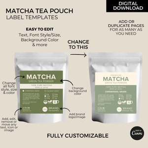Matcha Tea Labels Template Editable Canva, Matcha Powder Tea Bag Label ...