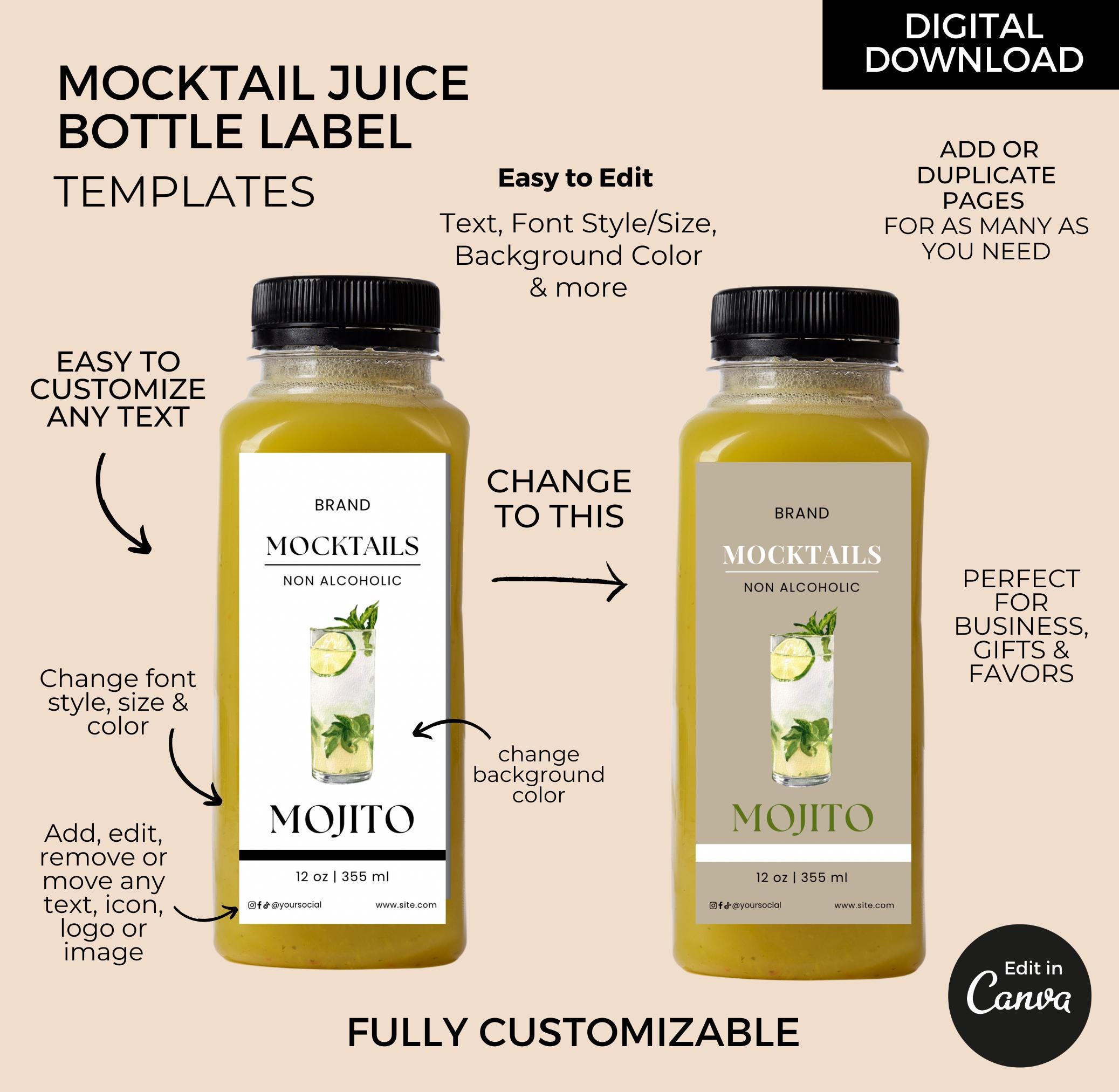Editable Mocktail Juice Bottle Labels Template Canva, Fresh Fruit Juice ...