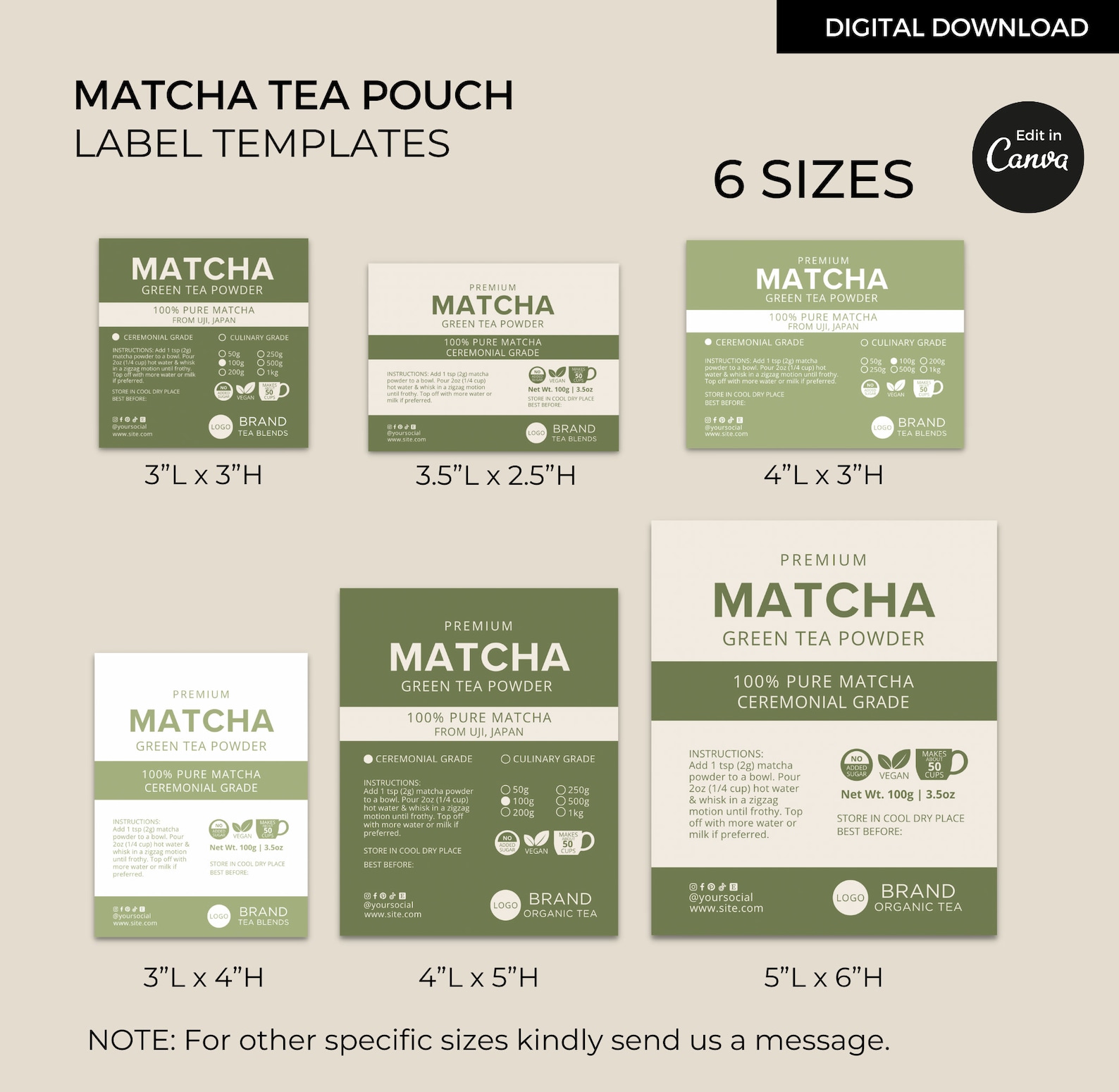 Matcha Tea Labels Template Editable Canva, Matcha Powder Tea Bag Label ...