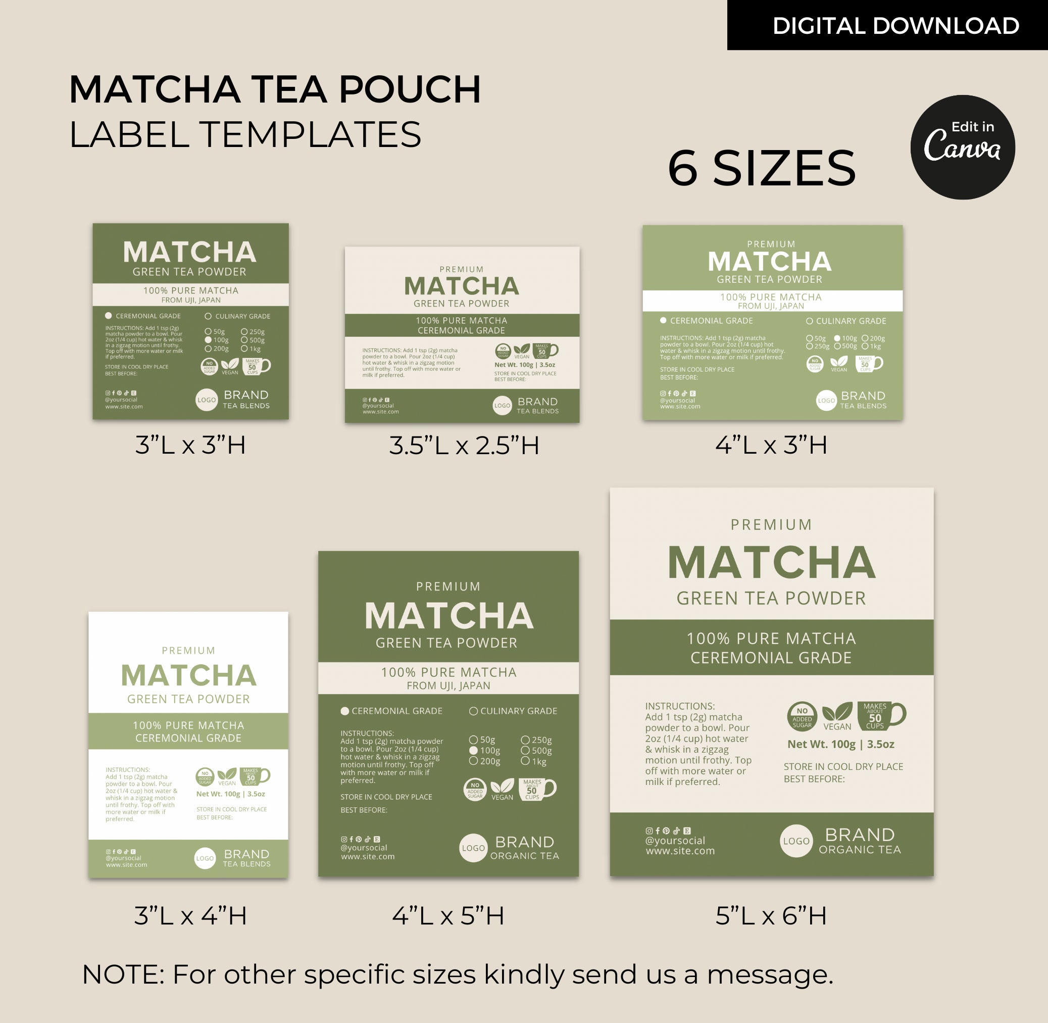 Matcha Tea Labels Template Editable Canva, Matcha Powder Tea Bag Label ...