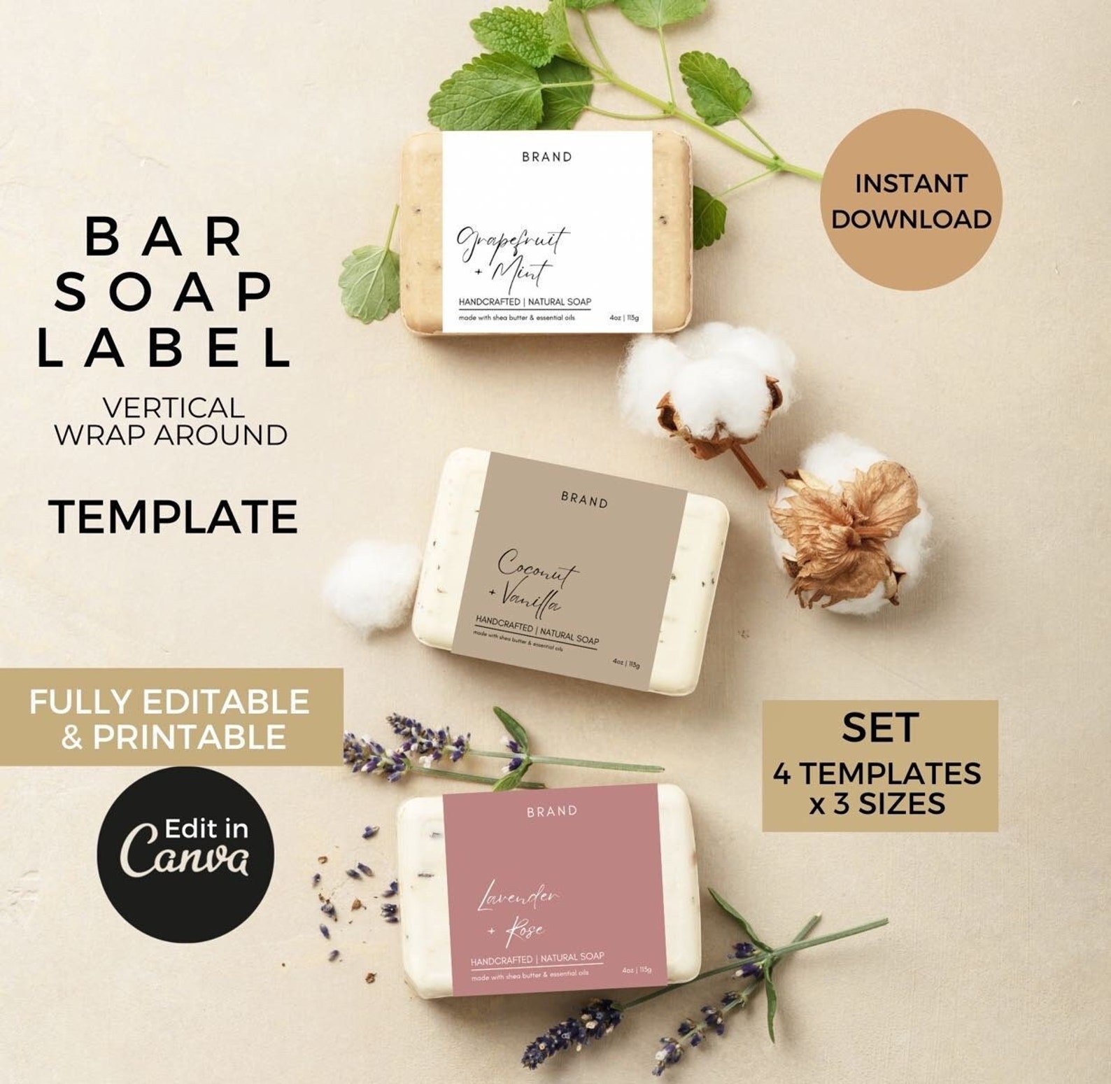 Editable Soap Label Template Canva, Bar Soap Wrap Labels Printable ...