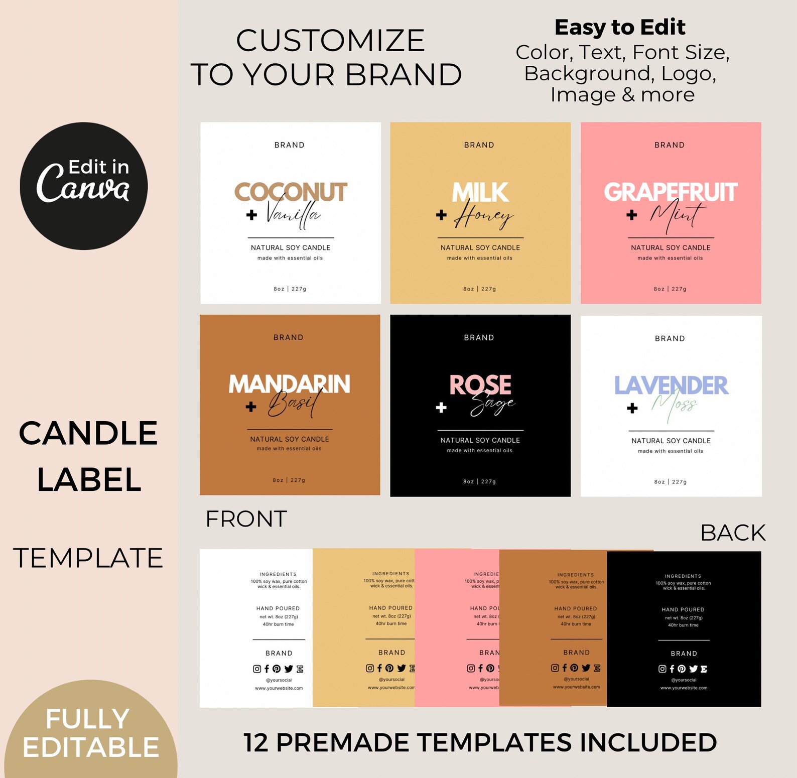Editable Candle Label Template Canva, Modern Candle Labels Printable ...