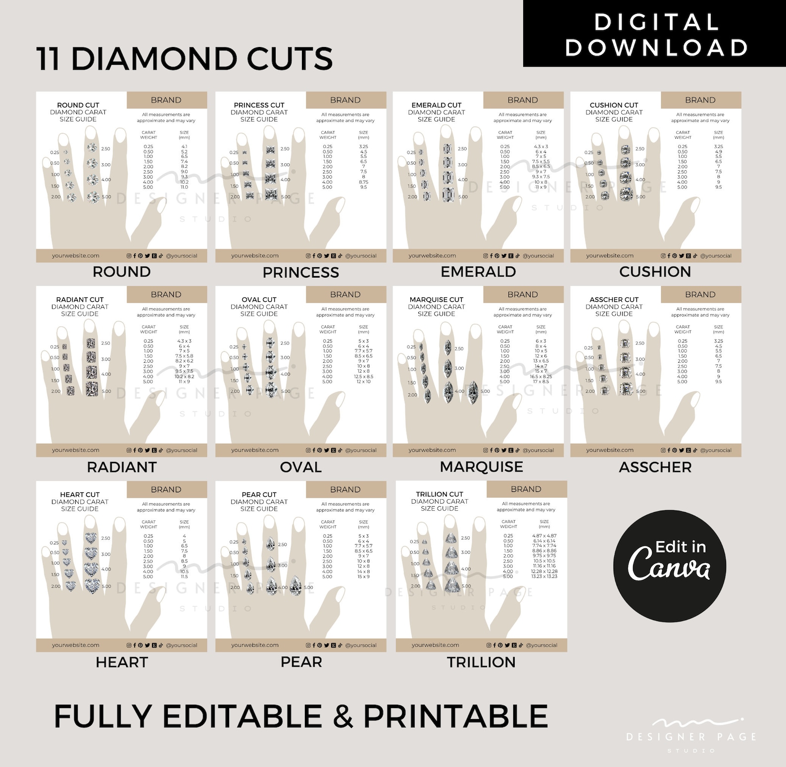 Editable Diamond Carat Size Chart Template Canva, Printable Round Cut ...