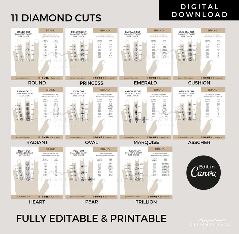Editable Diamond Carat Size Chart Template Canva, Printable Round Cut ...