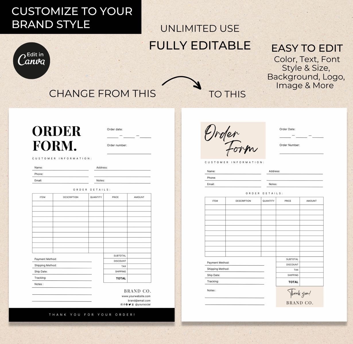 Printable Order Form Template Canva, Editable Purchase Order Forms ...