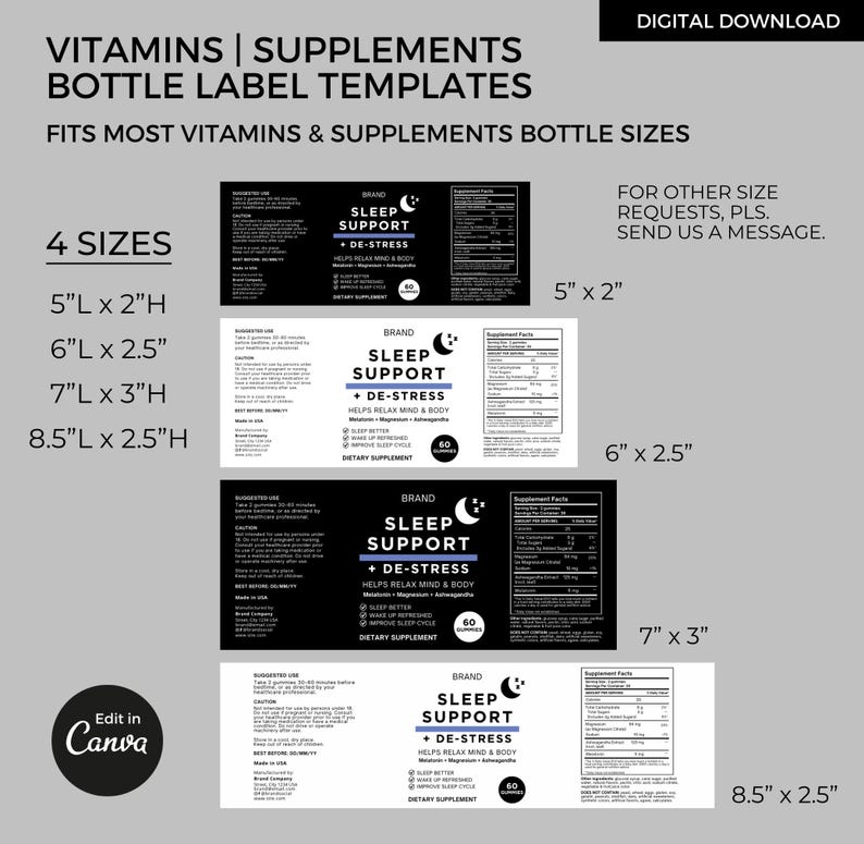 Vitamins Supplements Bottle Labels Template Canva Editable, Printable ...