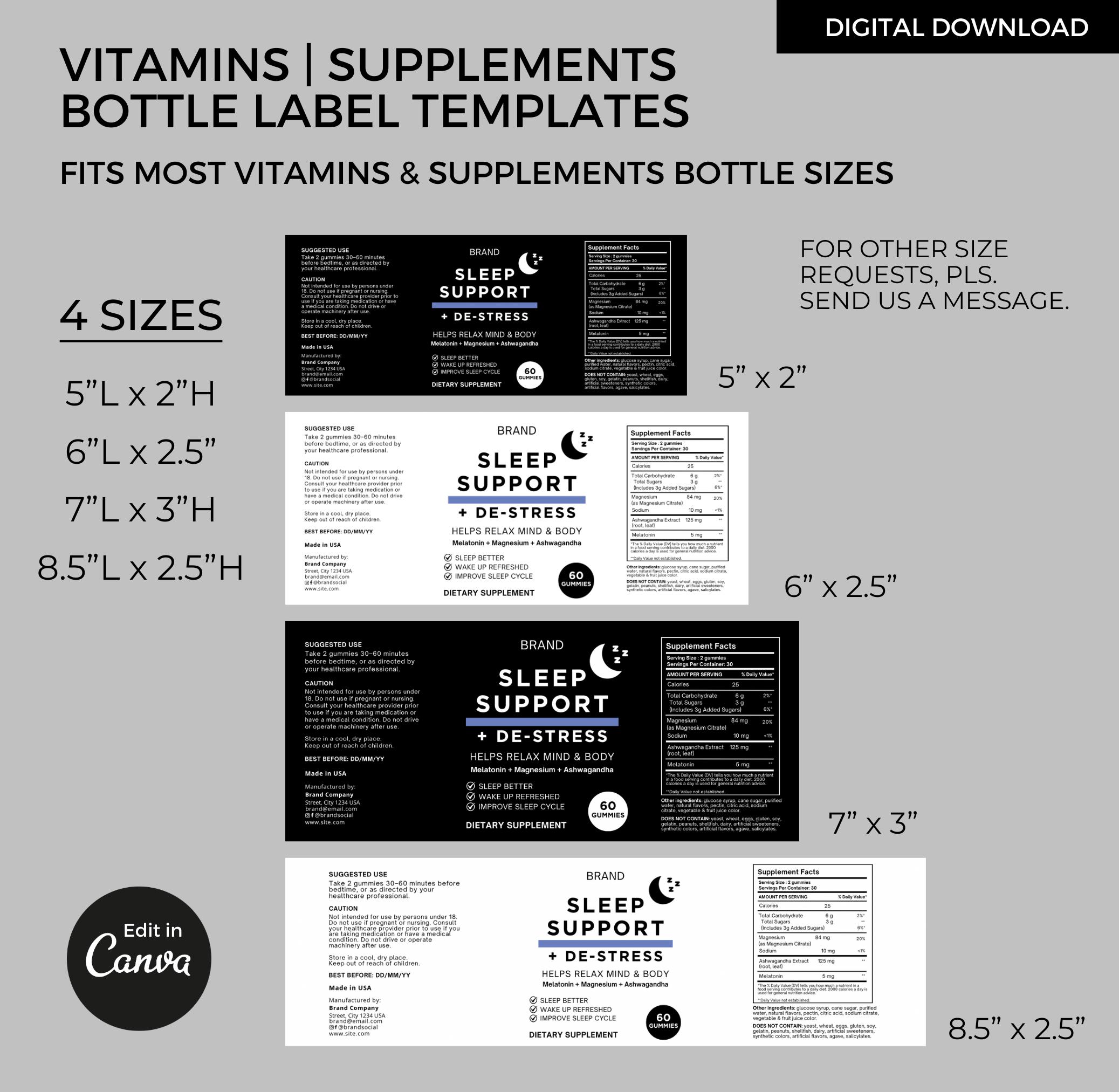 Vitamins Supplements Bottle Labels Template Canva Editable, Printable ...
