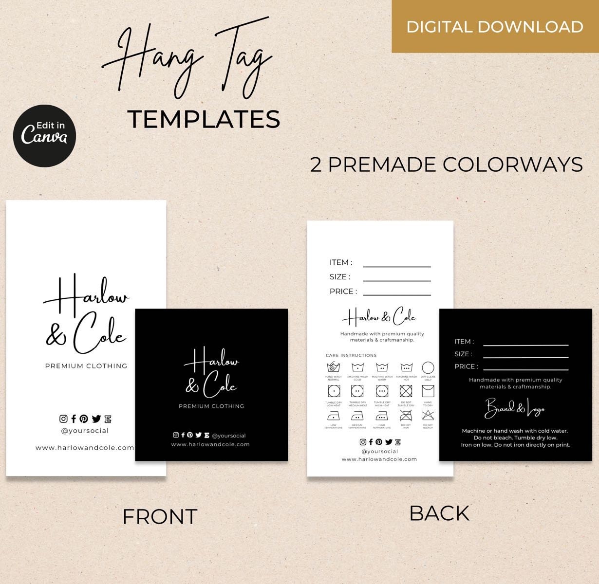 Editable Clothes Hangtags Template Canva, Printable Clothing Care Label ...