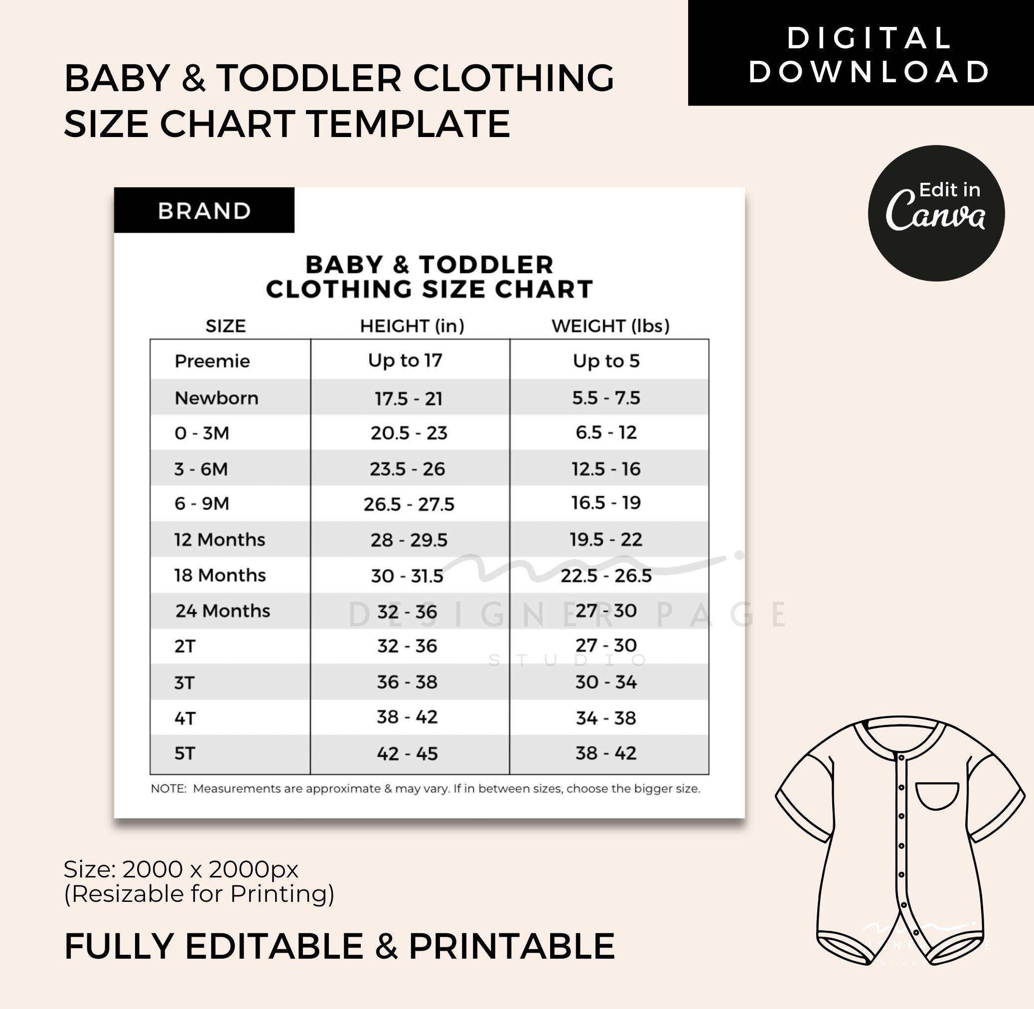Editable Baby Toddler Clothes Size Chart Template Canva, Kids Clothing ...