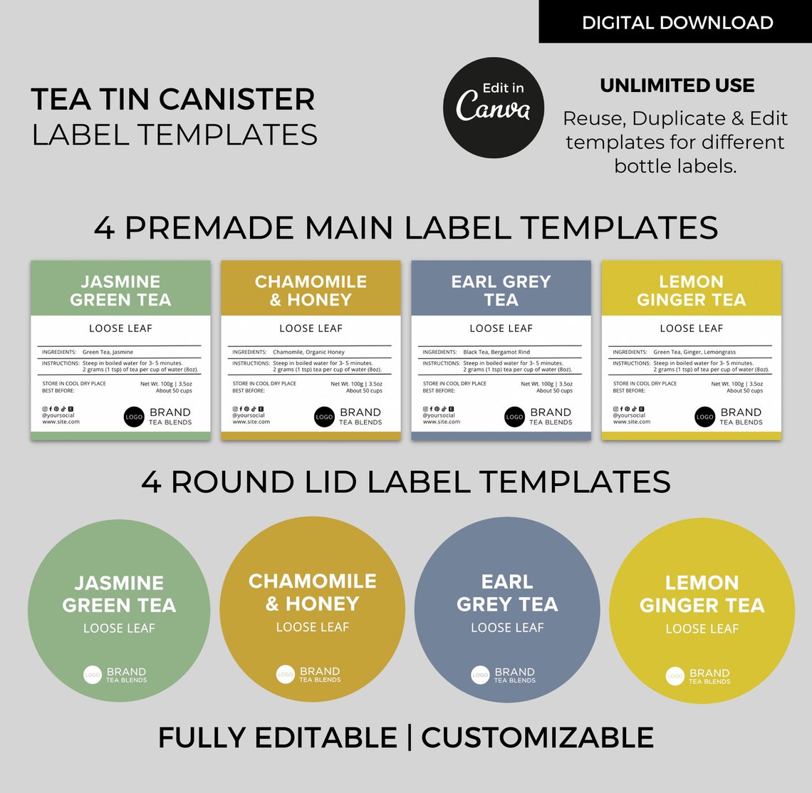Modern Tea Tin Can Labels Template Editable Canva, Tea Canister Label ...