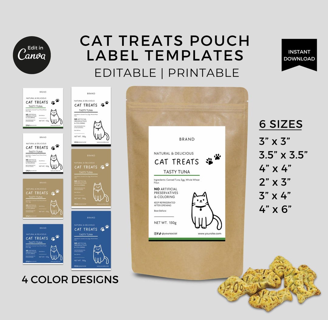 Editable Cat Treats Labels Template Canva, Cat Food Label Stickers ...
