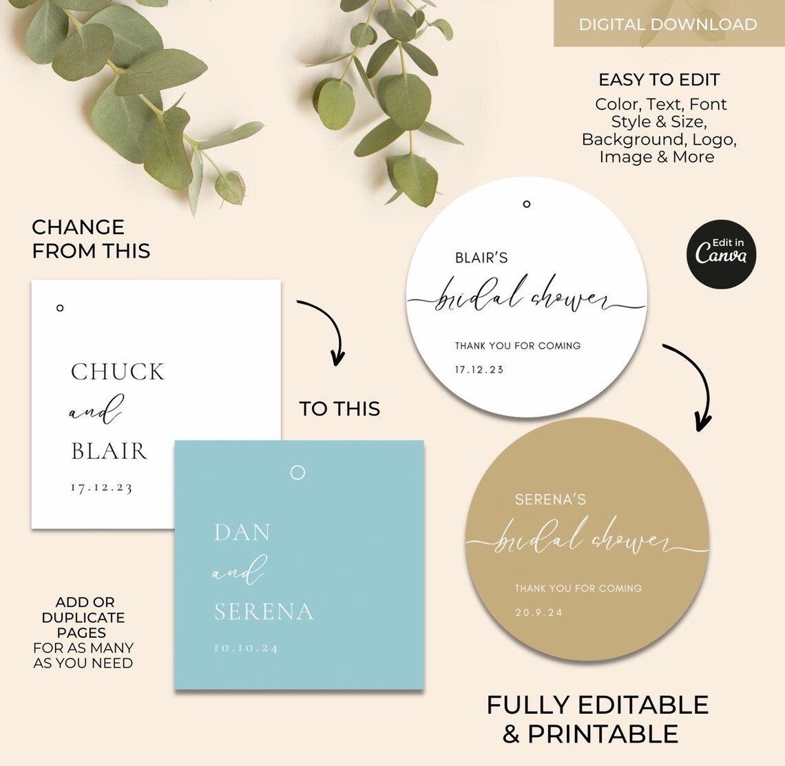 Editable Wedding Favor Tags Template Canva, Printable Gift Tags Set ...