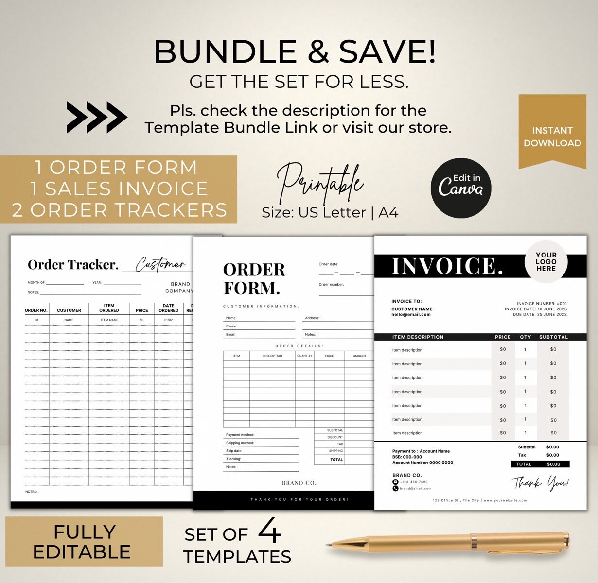 Editable Printable Sales Invoice Template Canva, Editable Payment Forms ...