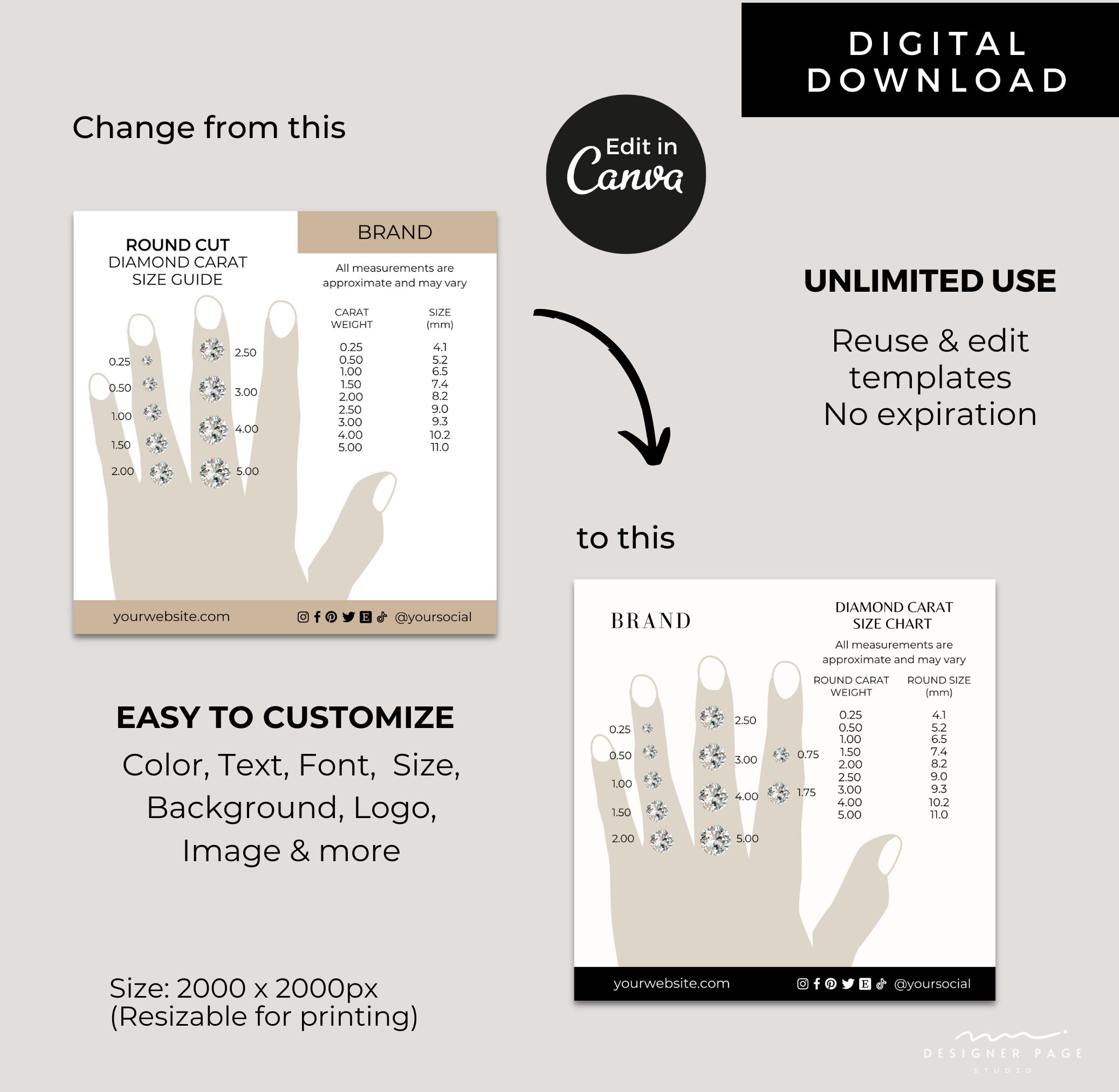 Editable Diamond Carat Size Chart Template Canva, Printable Round Cut ...
