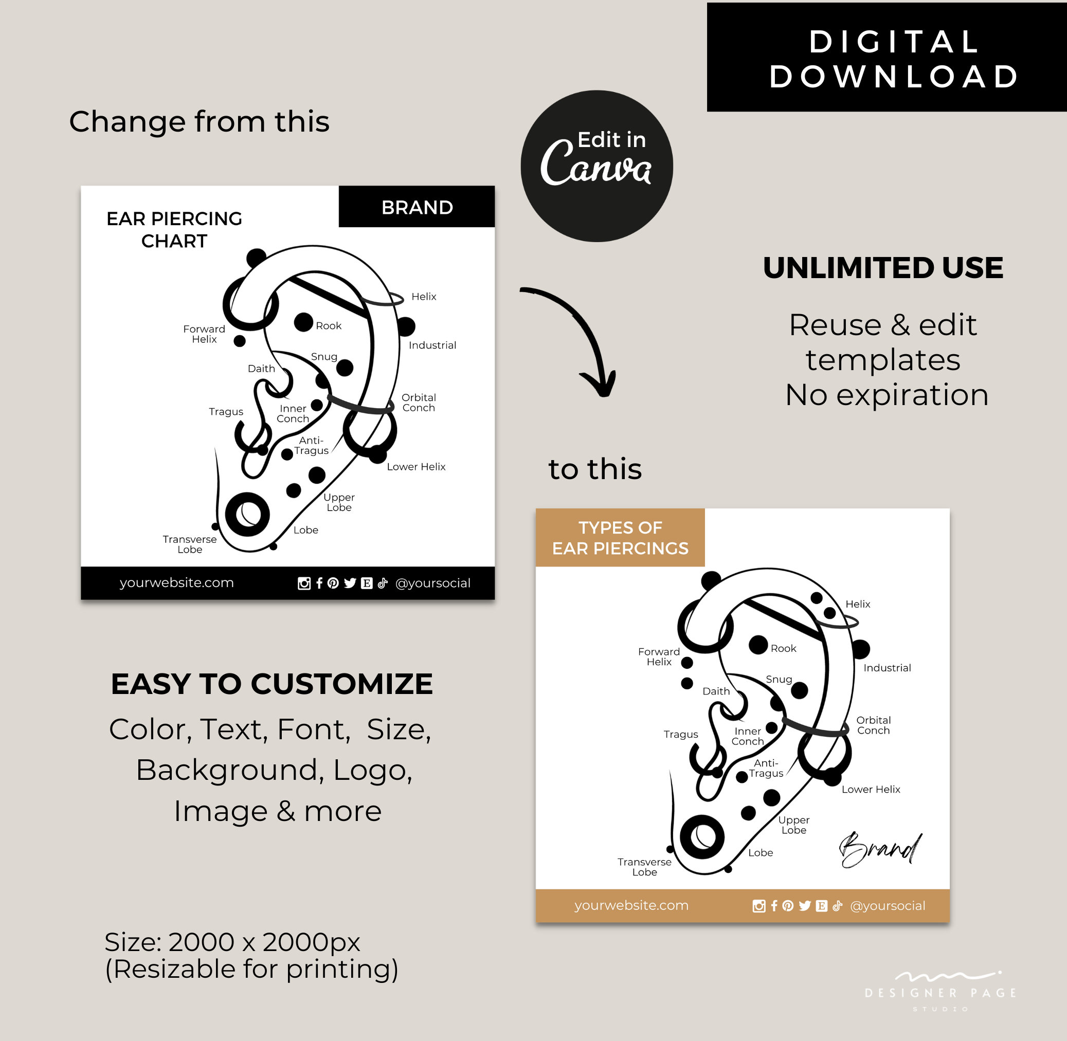 Editable Ear Piercing Chart Template Canva, Printable Ear Piercings ...