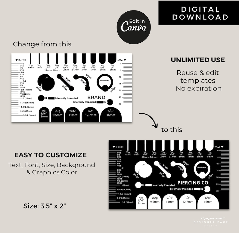 Editable Body Jewelry Piercing Gauge Measurement Card Template Canva ...