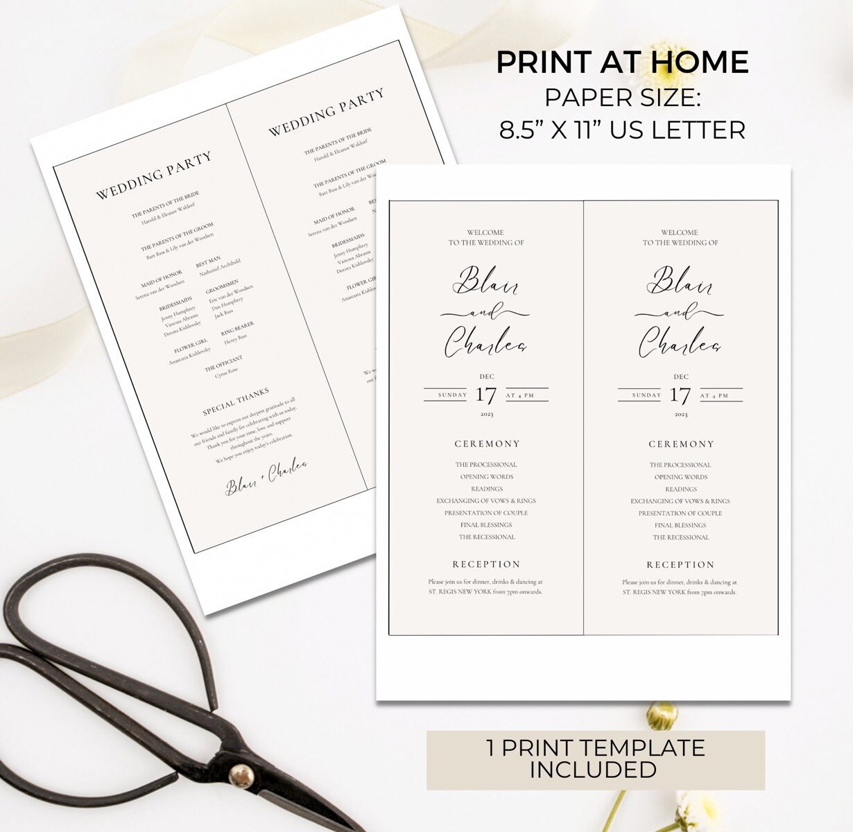 Elegant Wedding Ceremony Program Card Template Canva, Printable Wedding ...