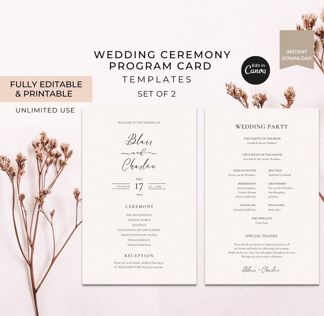 Editable Modern Wedding Program Card Template Canva, Printable Wedding ...