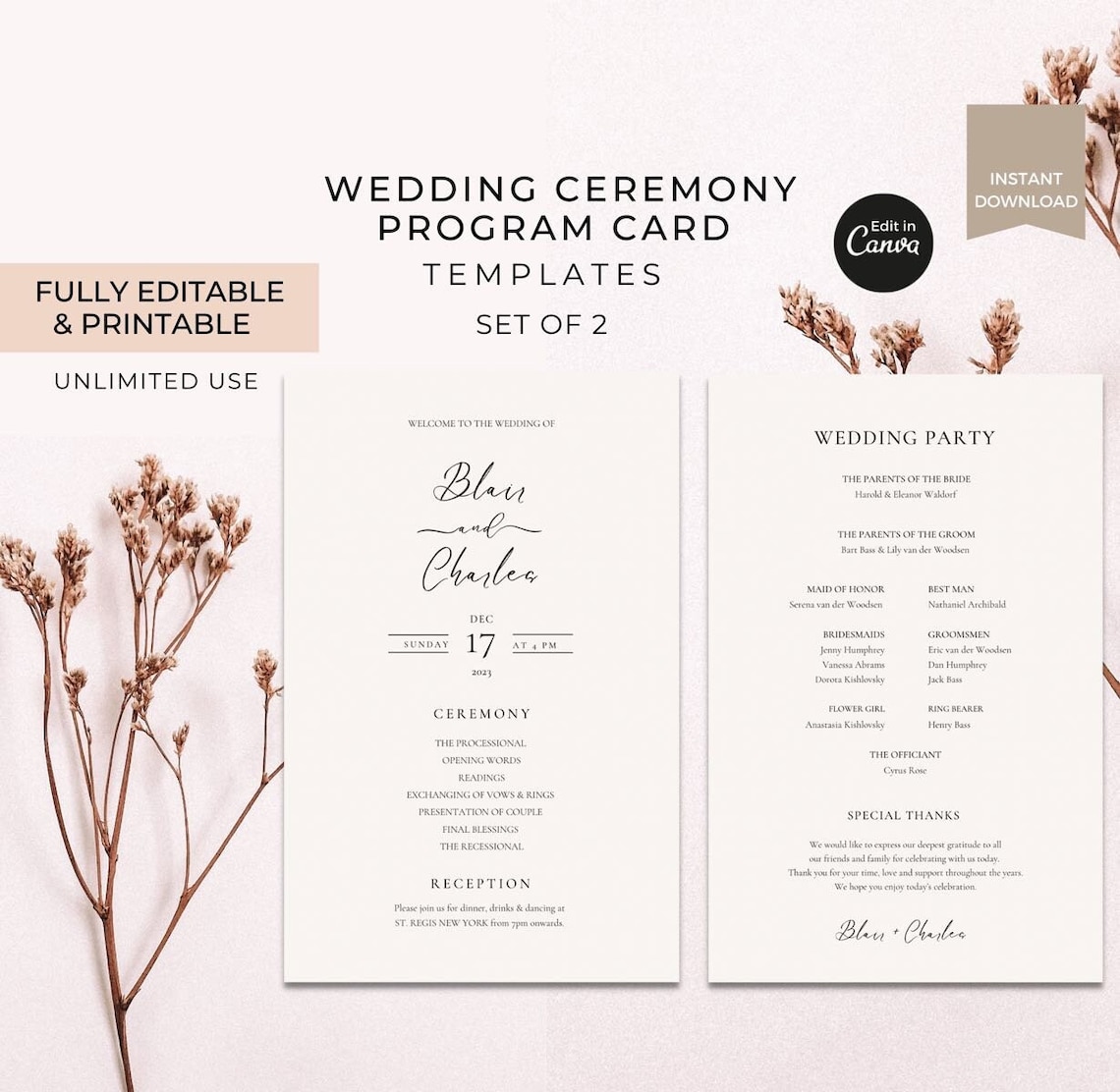 Editable Modern Wedding Program Card Template Canva, Printable Wedding ...
