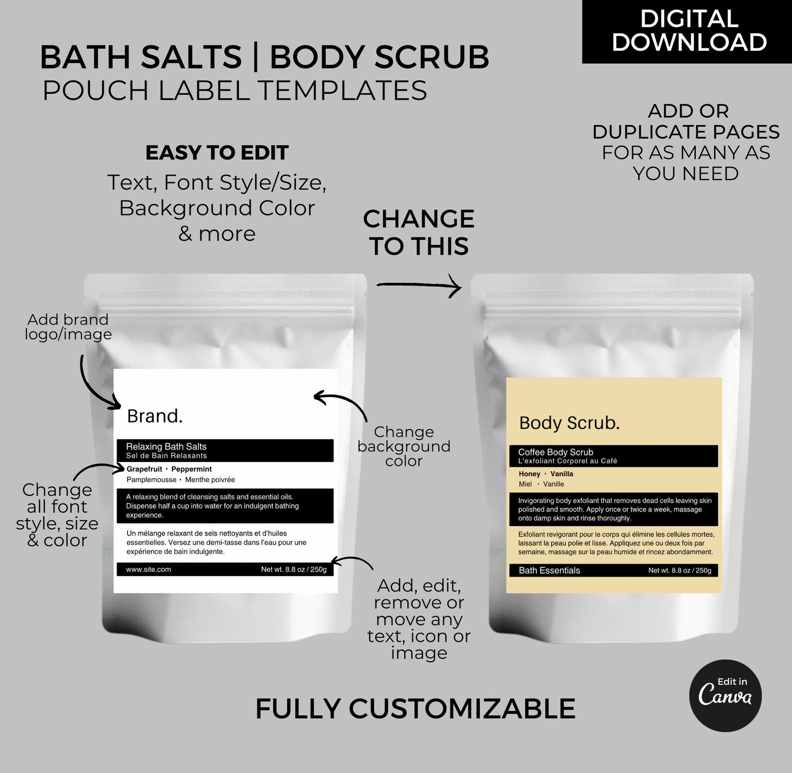 Minimalist Bath Salts Pouch Labels Template Canva, Aesop Label Stickers Editable, Body Scrub Bag ...