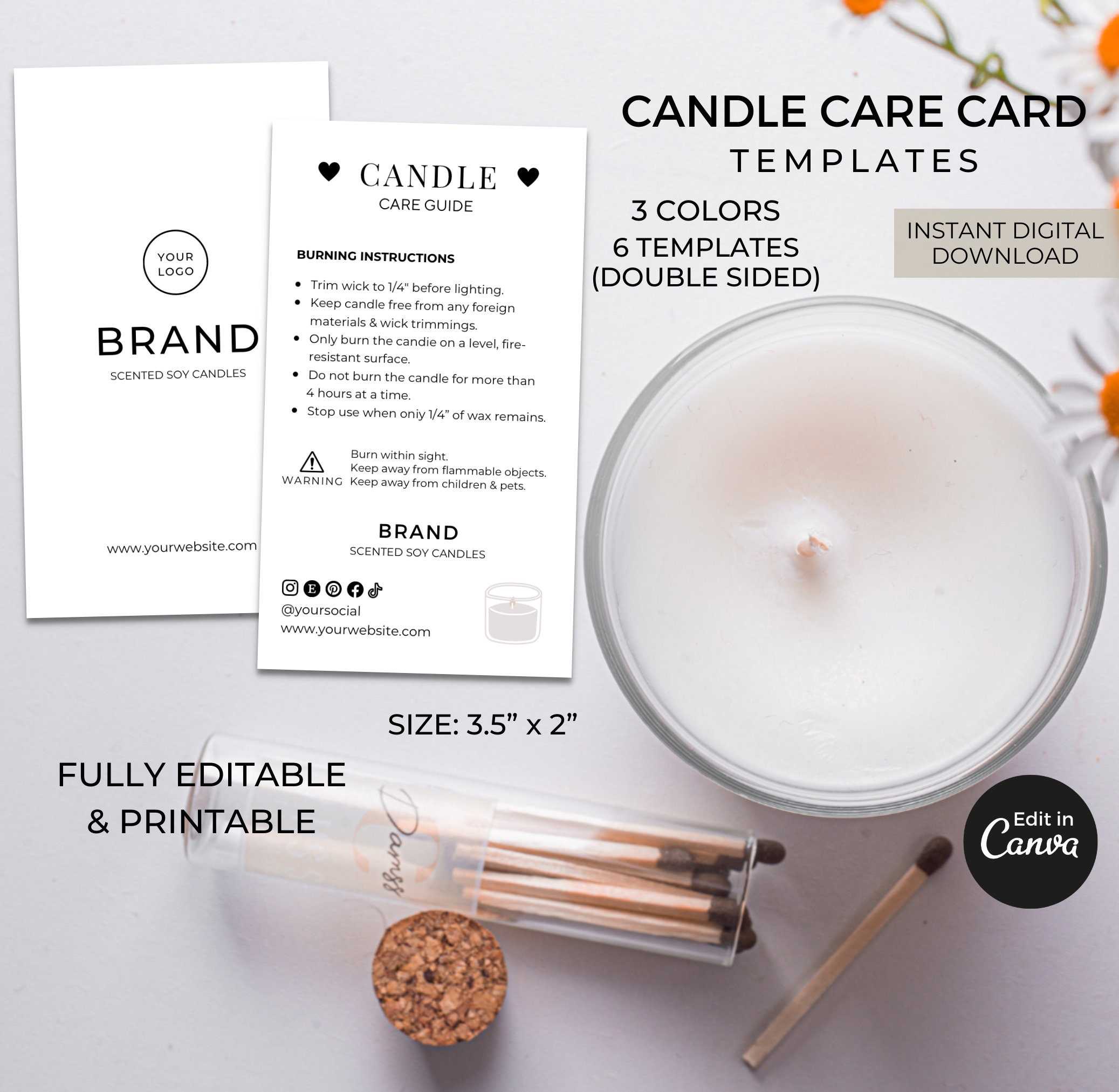 Candle Care Card Template Editable Canva, Printable Thank You Card Set ...