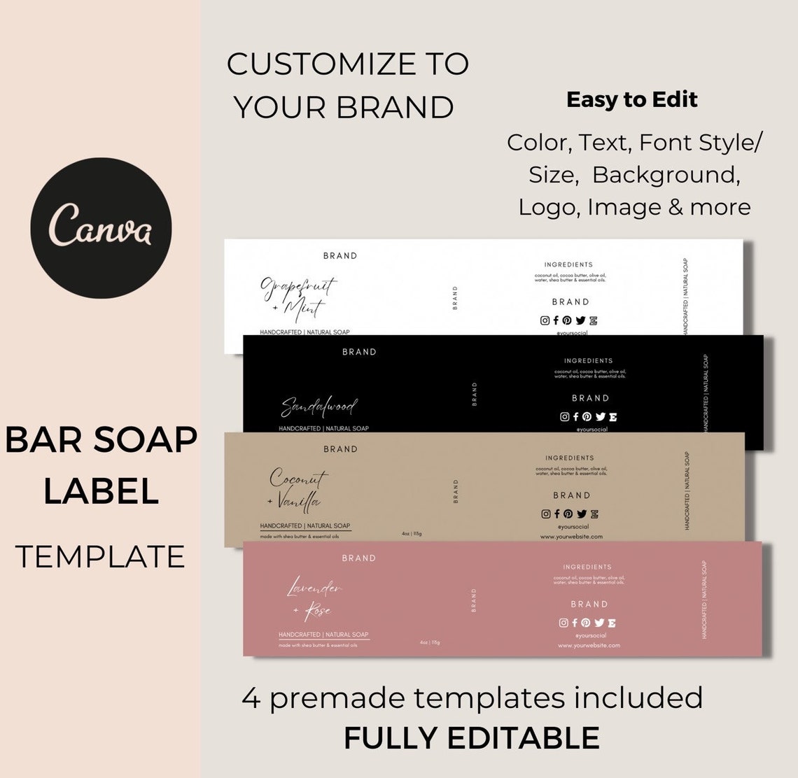 Bar Soap Label Template Canva Editable, Soap Labels Printable, Wrap ...