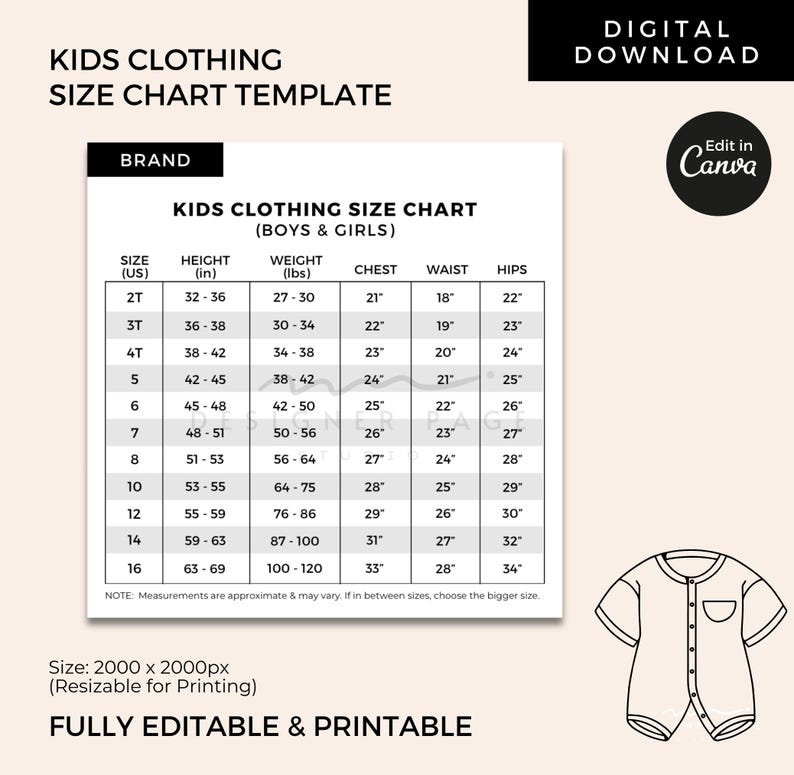 Editable Baby Toddler Clothes Size Chart Template Canva, Kids Clothing Size Guide, Children ...