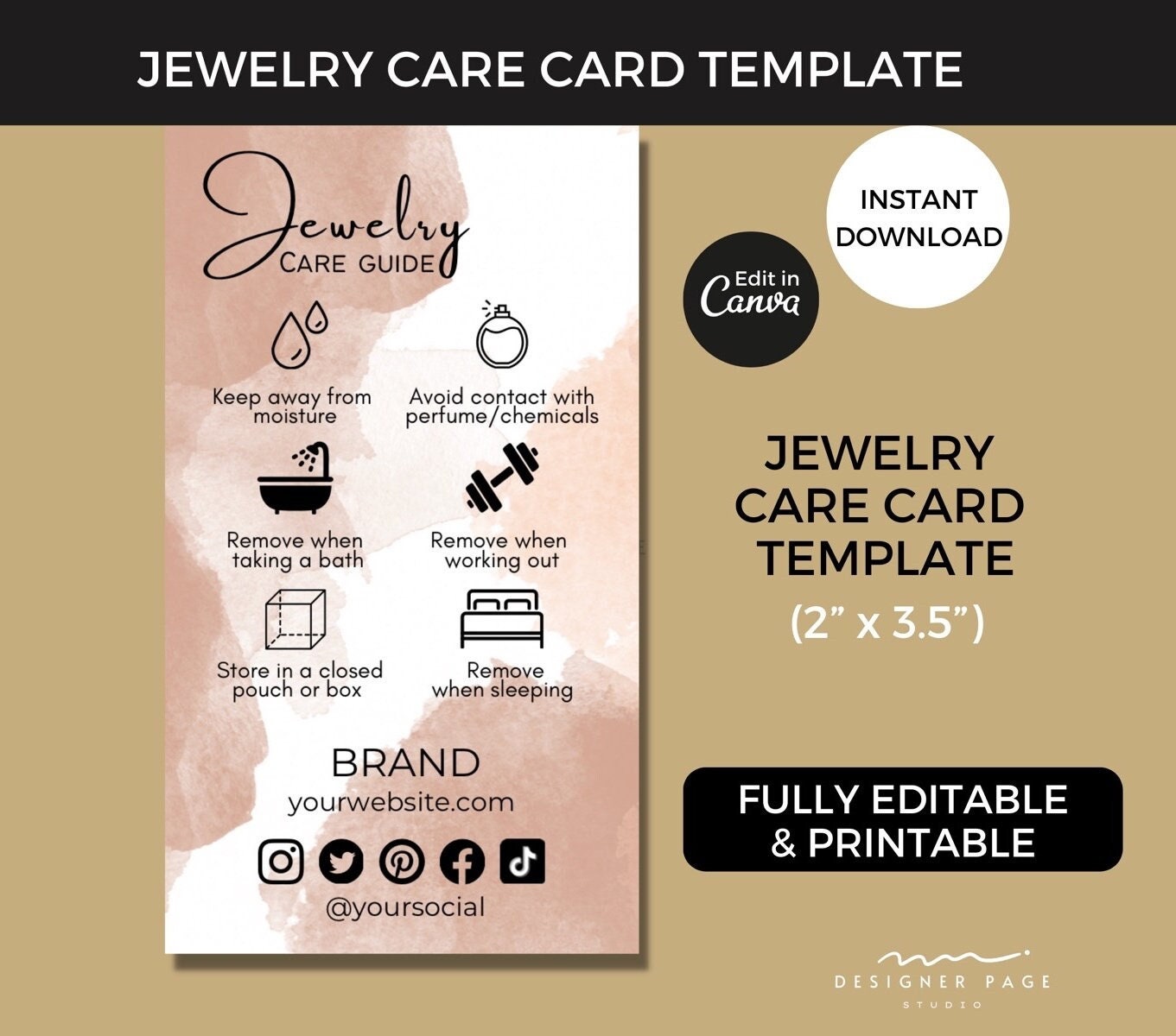 Editable Jewelry Care Card Template, Printable Care Guide for ...