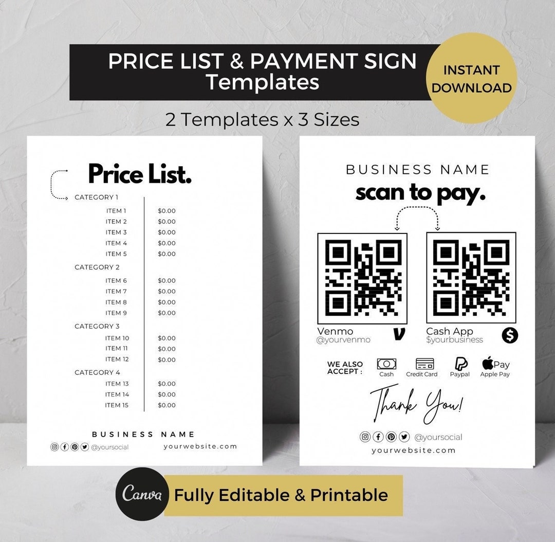 Price List Template Editable Canva, Printable Payment Sign Card, Price ...