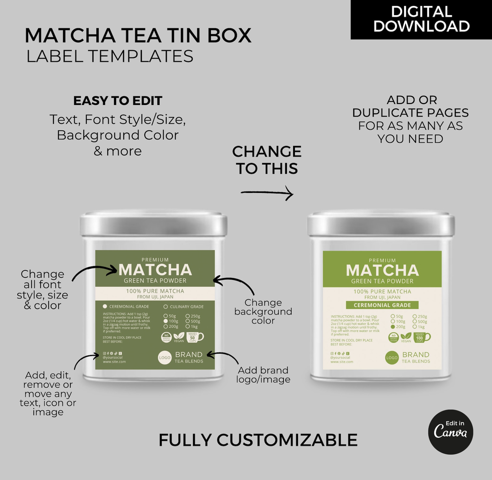Matcha Tea Tin Can Labels Template Editable Canva, Tea Canister Label ...