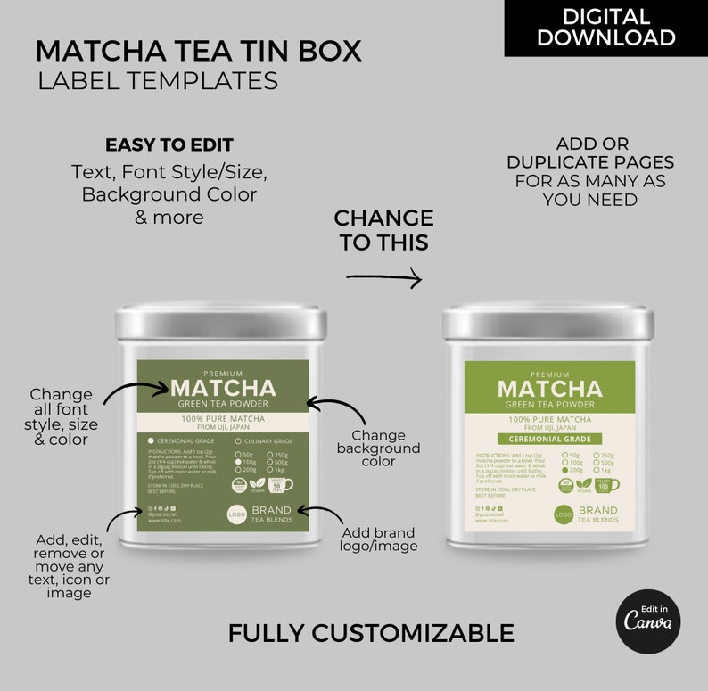 Matcha Tea Tin Can Labels Template Editable Canva, Tea Canister Label ...