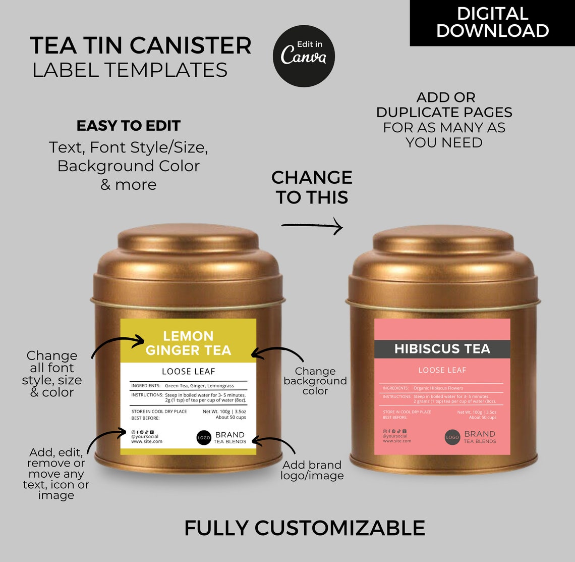 Modern Tea Tin Can Labels Template Editable Canva, Tea Canister Label ...