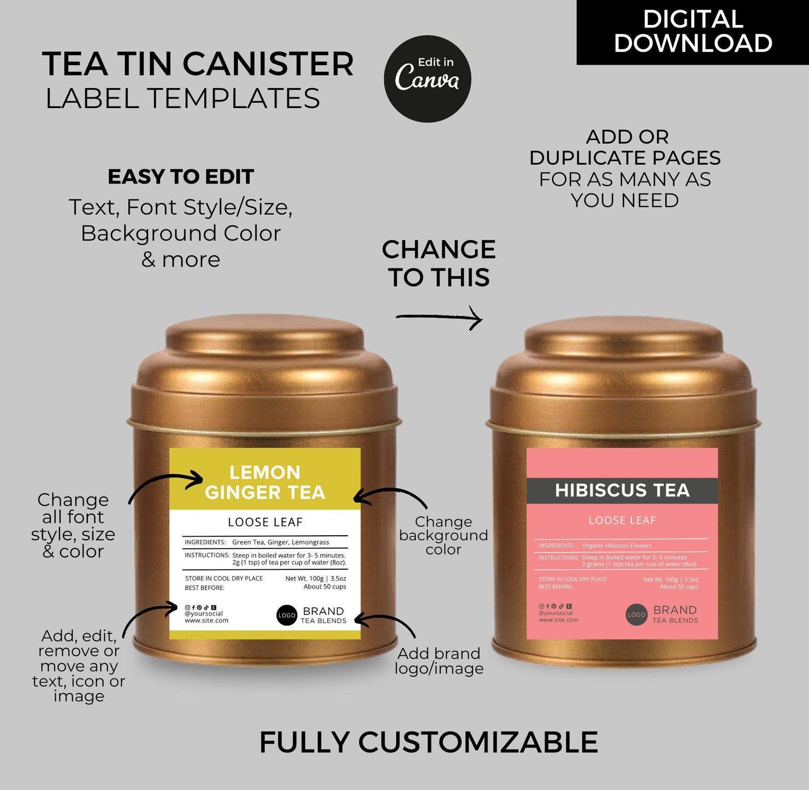 Modern Tea Tin Can Labels Template Editable Canva, Tea Canister Label ...