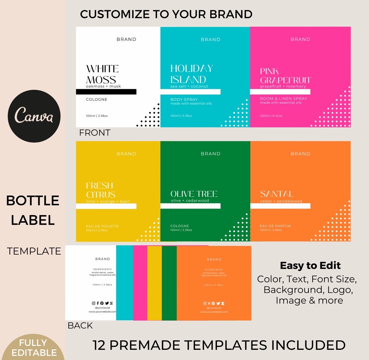 Editable Spray Bottle Labels Template Canva, Room Linen Body Spray ...
