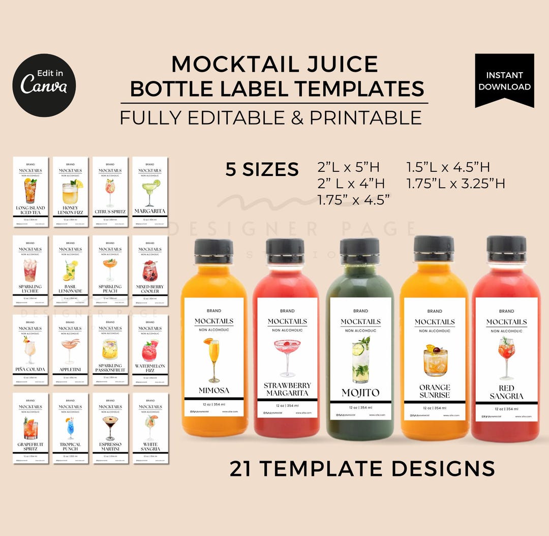 Editable Mocktail Juice Bottle Labels Template Canva, Fresh Fruit Juice ...
