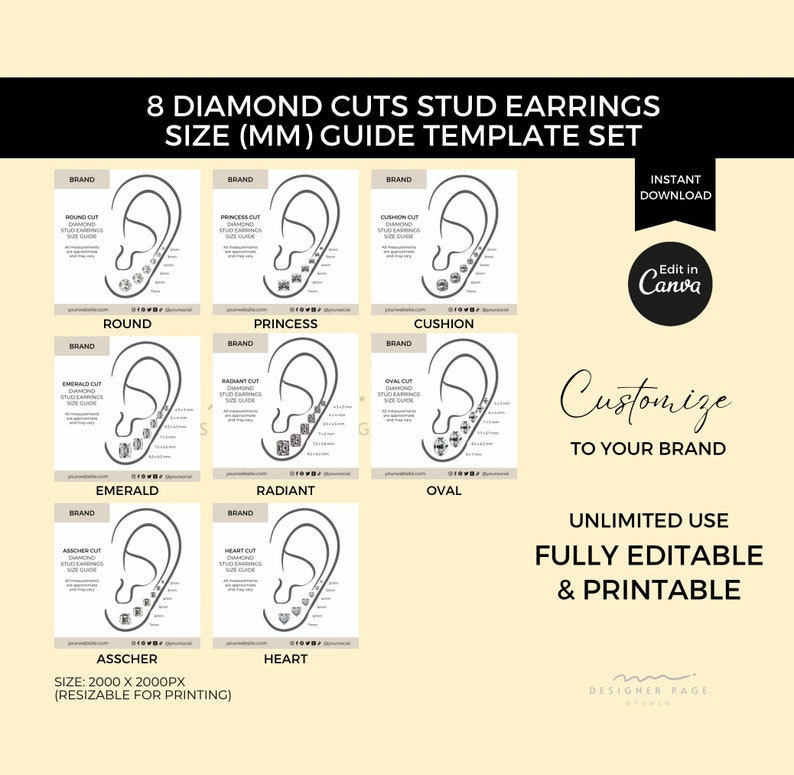 Editable Diamond Stud Earrings Size Guide Template Set Canva, Printable ...