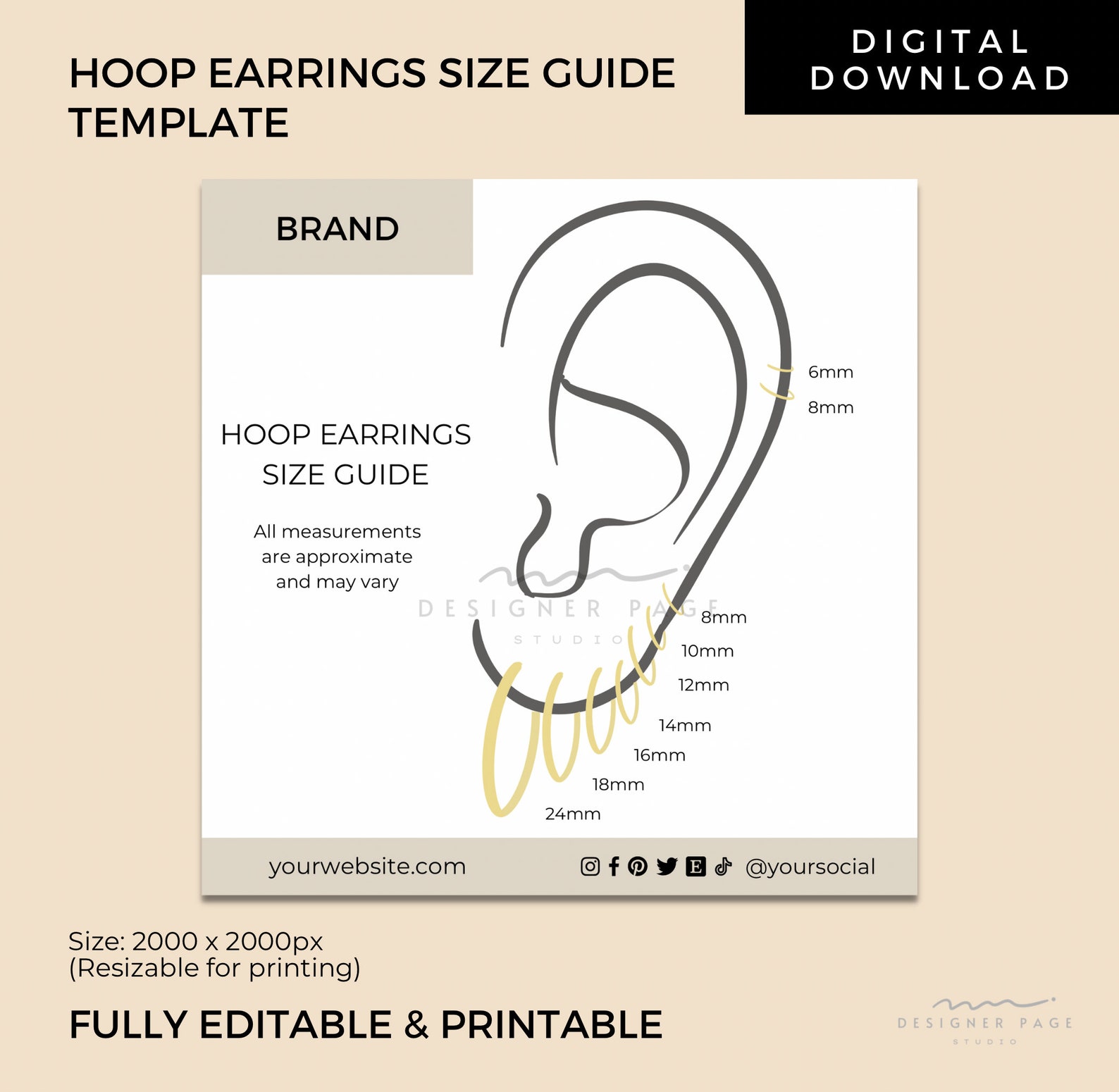 Editable Hoop Earrings Size Chart Template Canva, Printable Earrings ...