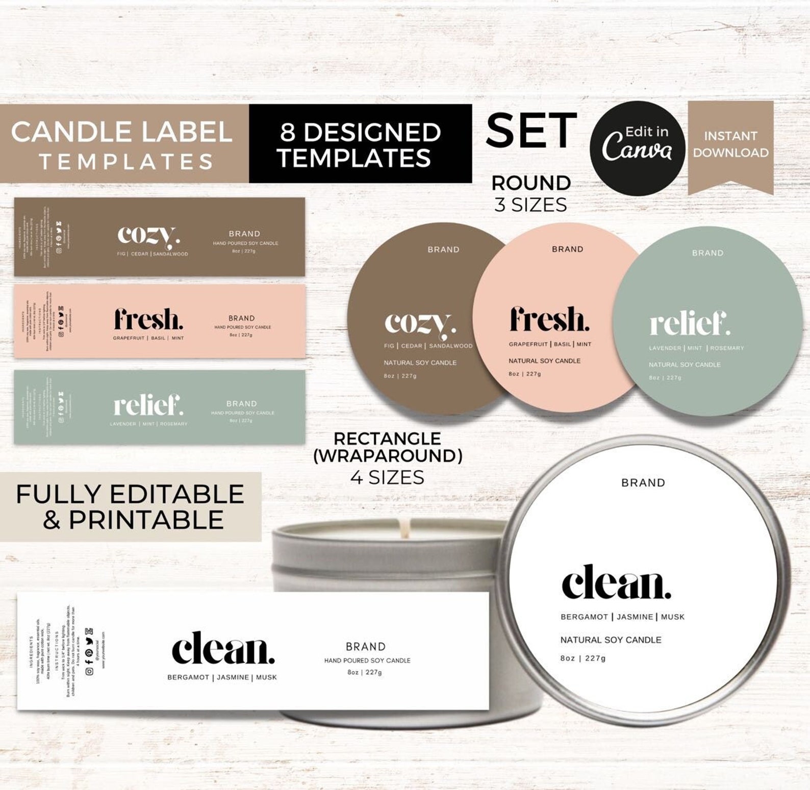 Candle Label Template Round Editable, Modern Candle Labels Stickers ...