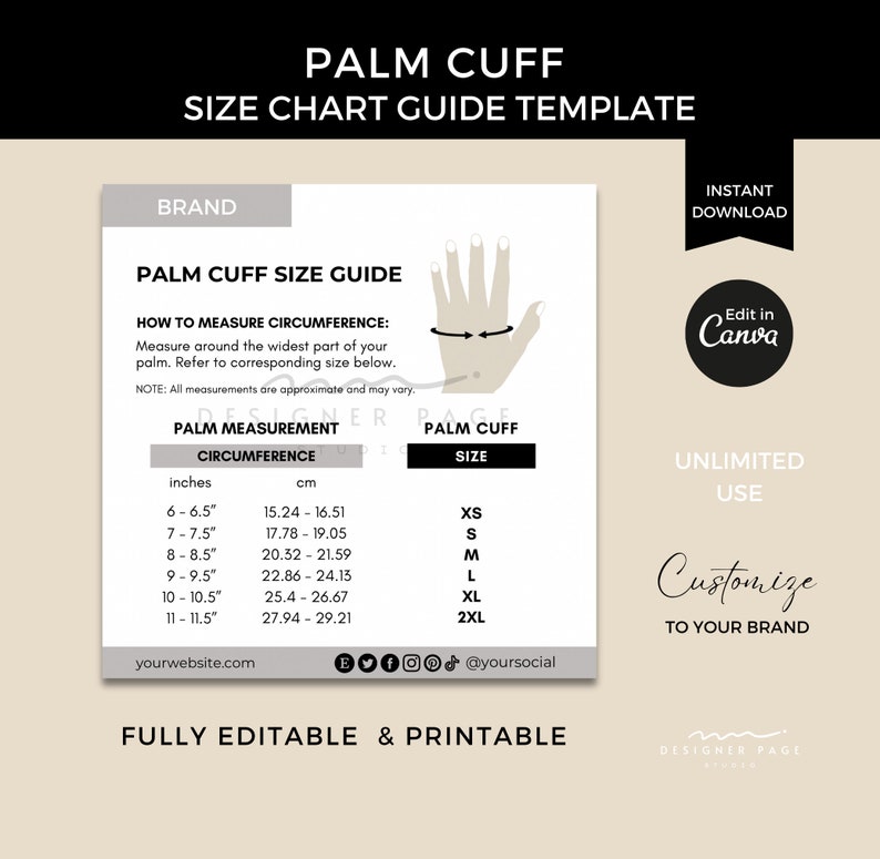 Editable Palm Cuff Size Chart Template Canva, Printable Palm Cuff Size ...