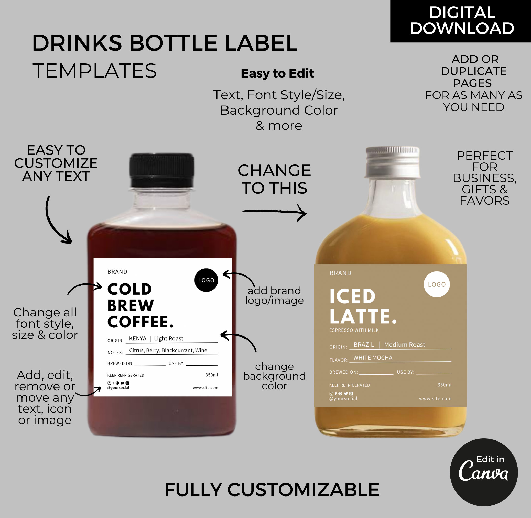 Editable Cold Brew Coffee Bottle Labels Template Canva, Drink Label ...