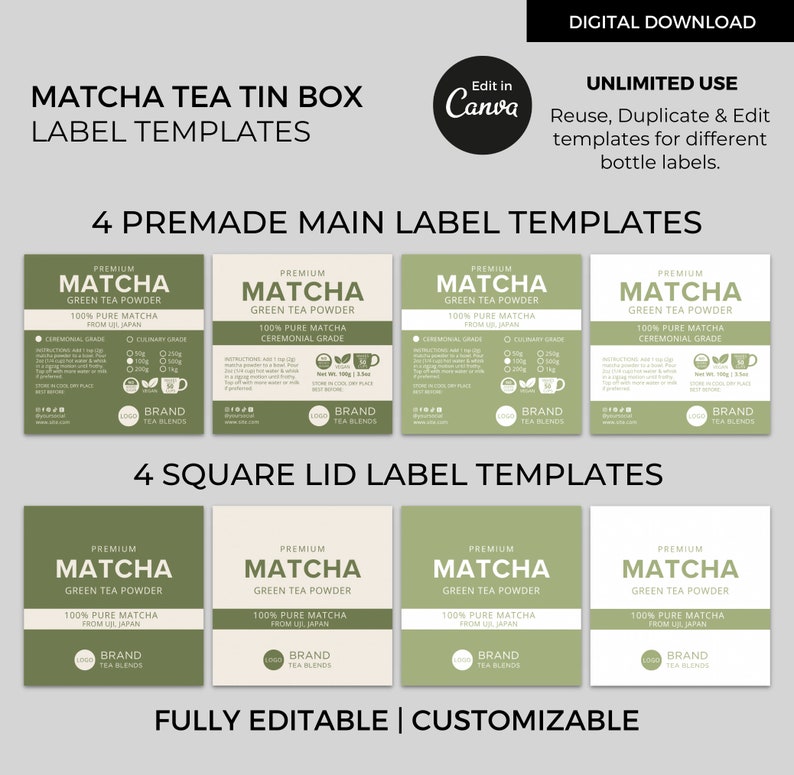 Matcha Tea Tin Can Labels Template Editable Canva, Tea Canister Label ...