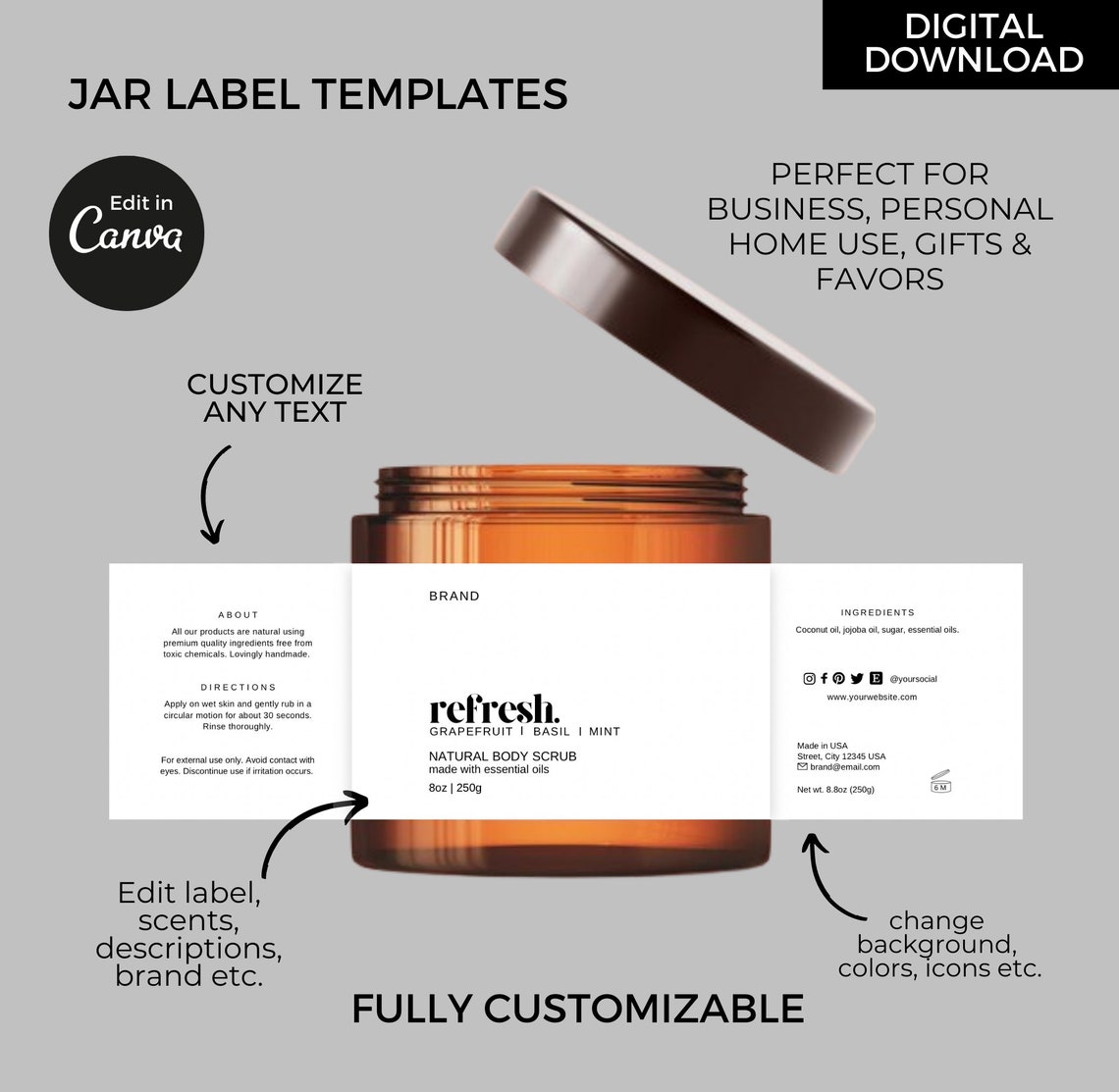 Cosmetic Jar Label Template Canva Editable, Printable Product Label ...