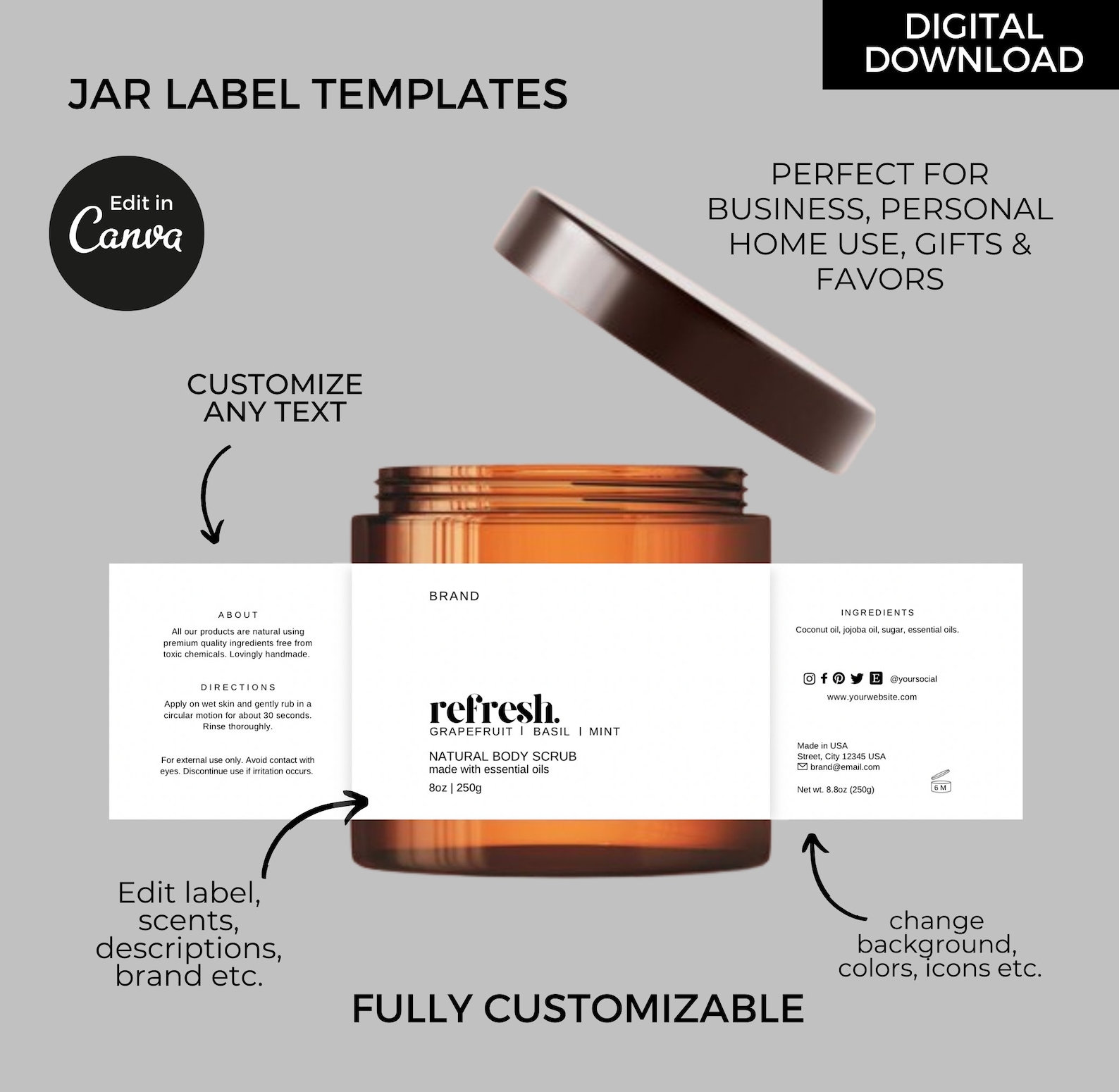 Cosmetic Jar Label Template Canva Editable, Printable Product Label ...