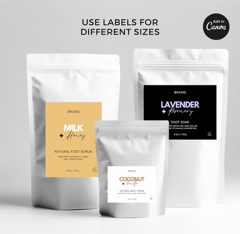 Editable Bath Salts Pouch Labels Template Canva, Printable Body Scrub ...