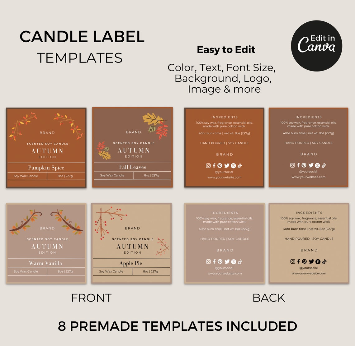Autumn Candle Labels Template Editable Modern Candle Label - Etsy